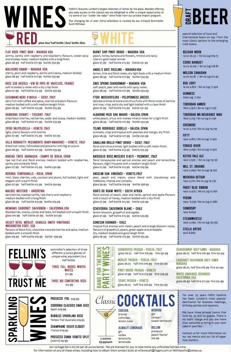 Fellini Koolini's menus in London, Ontario, Canada