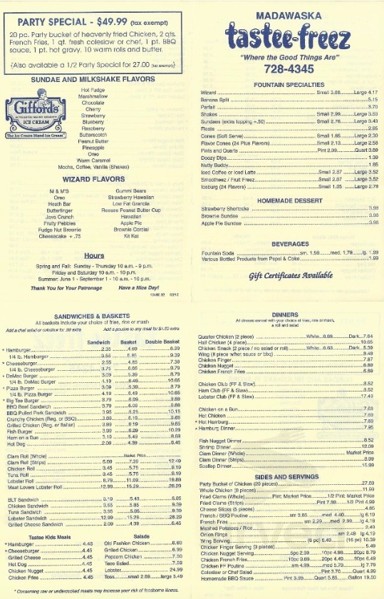 Menu for Madawaska Tastee Freez in Madawaska, ME | Sirved