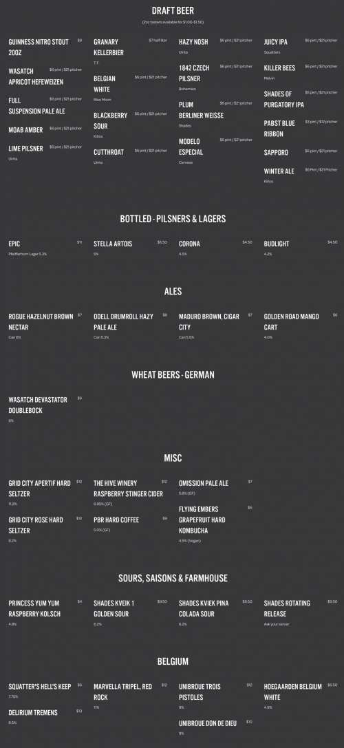 Purgatory Bar menu in Salt Lake City, Utah, USA