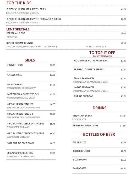 Original Mr Beef menu in Homer Glen, Illinois, USA