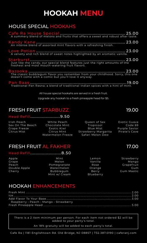 Cafe Ra menu in Old Bridge, New Jersey, USA