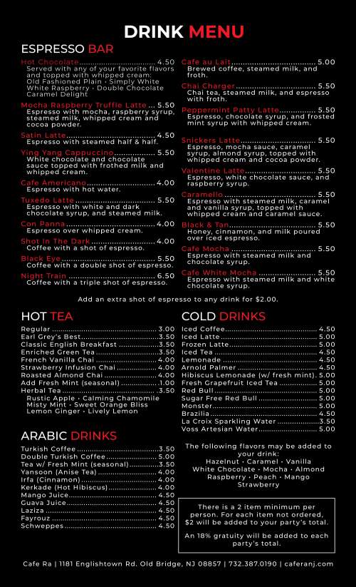 Cafe Ra menu in Old Bridge, New Jersey, USA