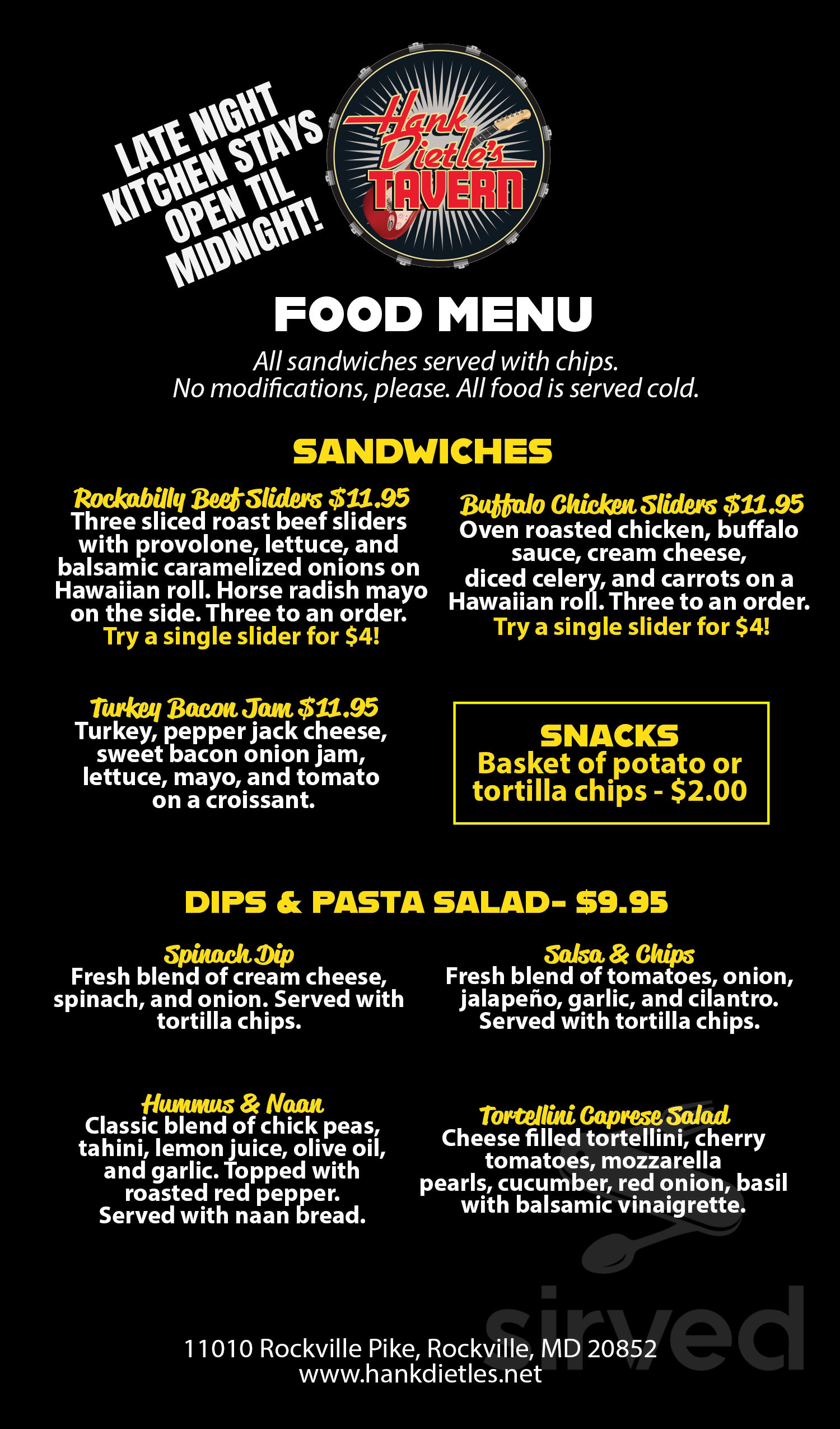 Menu for Hank Dietle's Tavern in Rockville, MD | Sirved