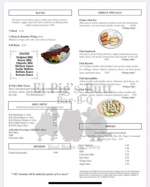 El Pig's Butt Bar-B-Q menu in Kewaskum, Wisconsin, USA