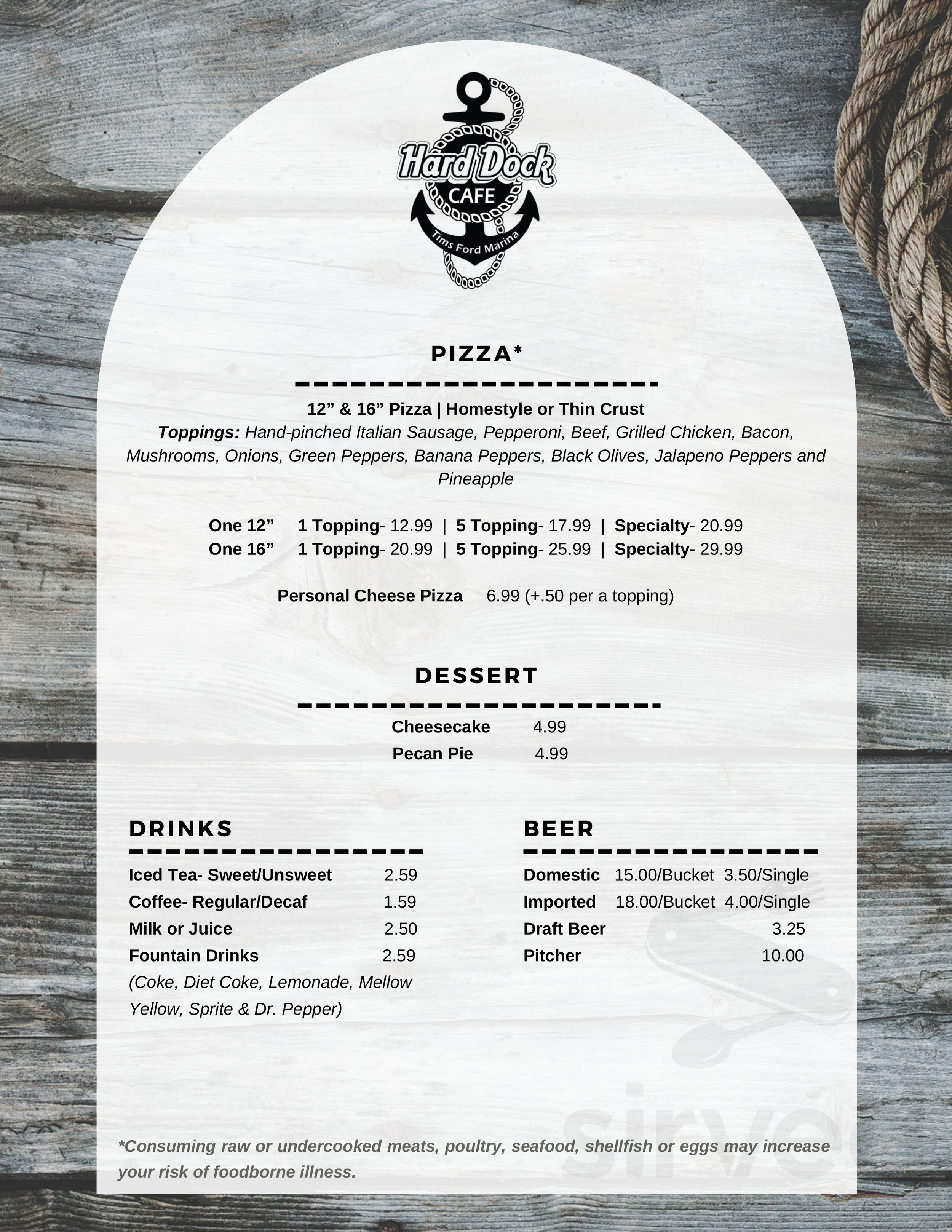 Hard Dock Cafe menu in Winchester, Tennessee, USA