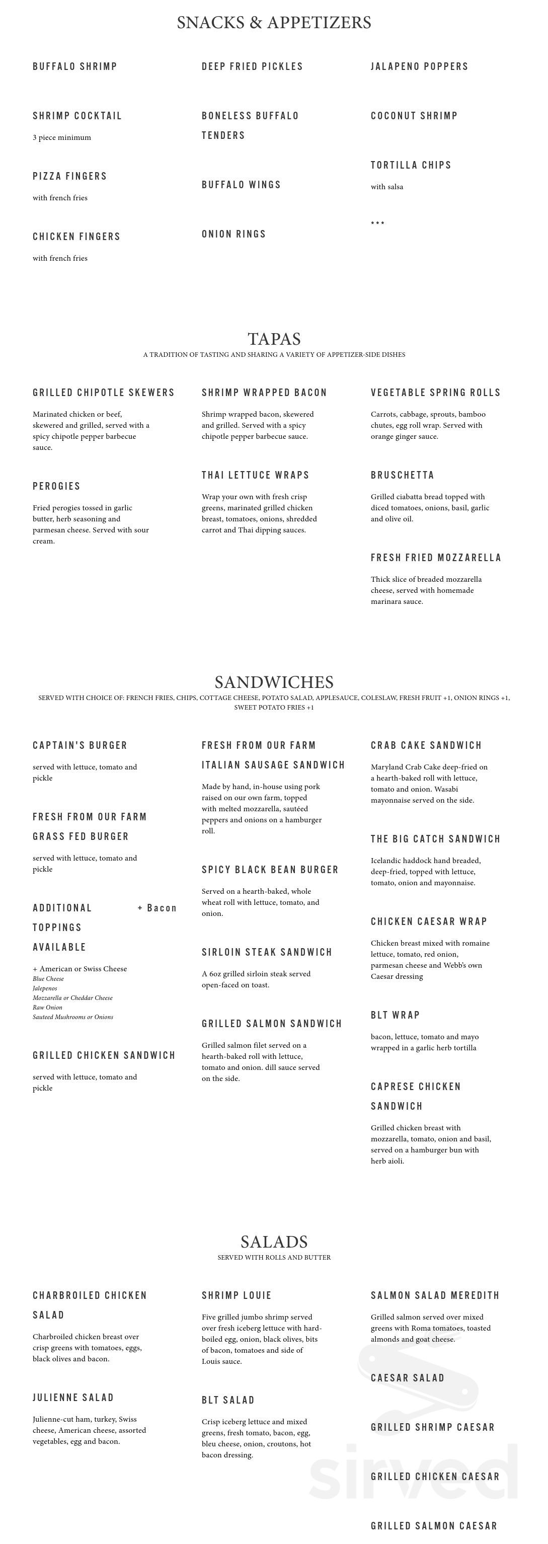 Menu for Webb's Captain's Table Restaurant in Mayville, NY | Sirved