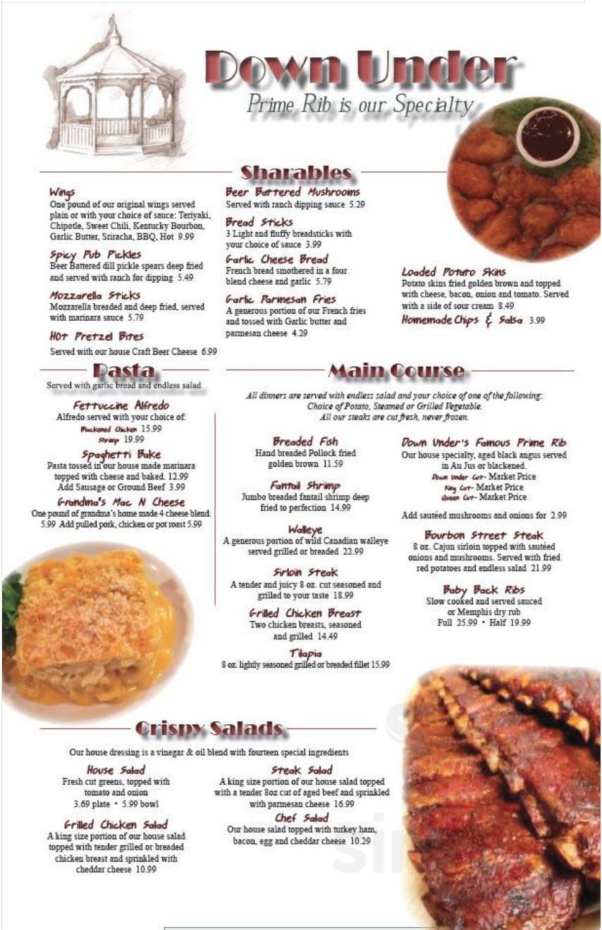 Down Under menu in Syracuse, Indiana, USA