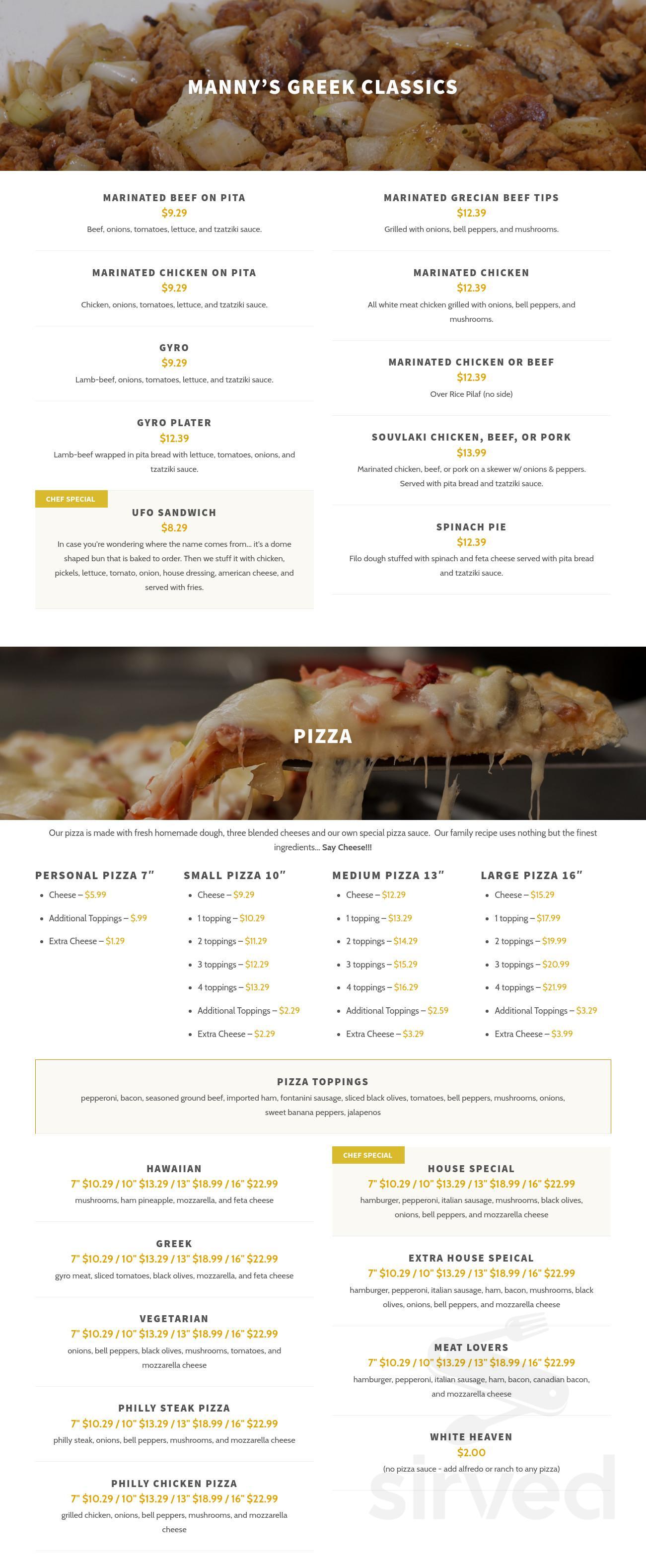 Manny's Restaurant menu in Boiling Springs, South Carolina, USA