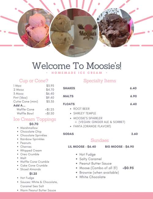 Moosie's Ice Cream menu in San Diego, California, USA