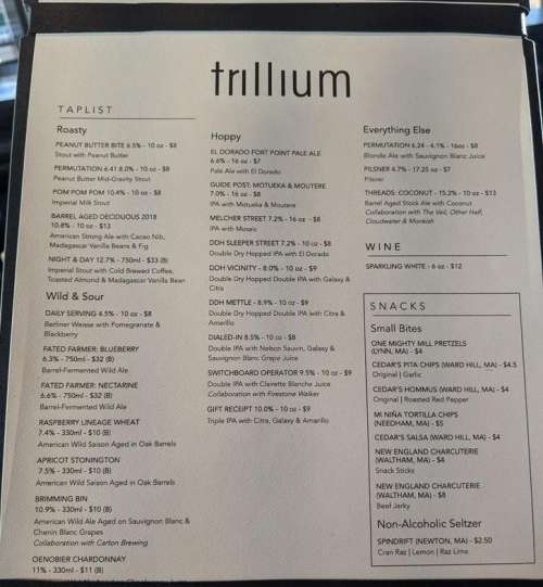 Trillium Brewing - Fenway menu in Boston, Massachusetts, USA