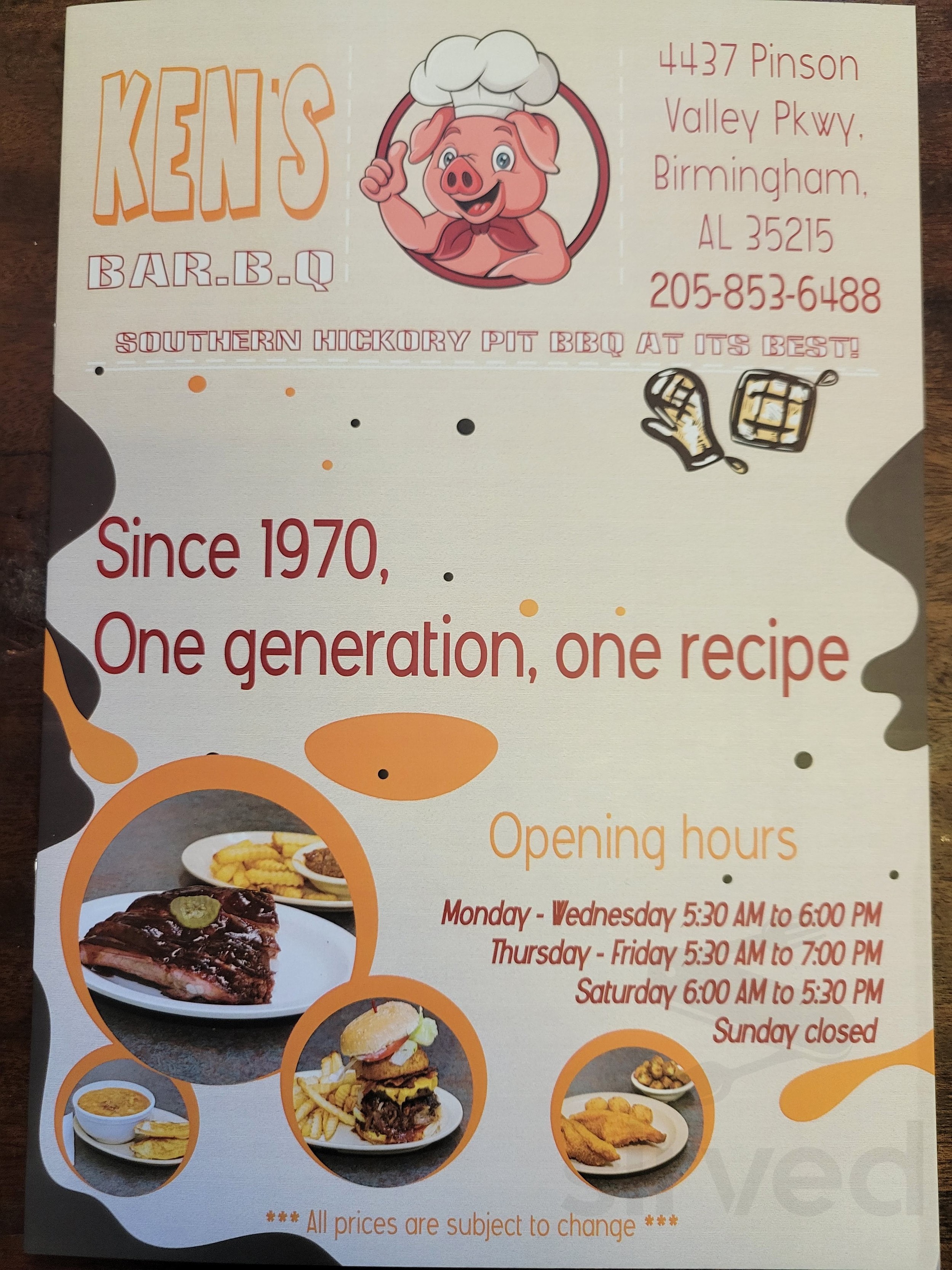 Ken's Hickory Pit Barbecue menu in Birmingham, Alabama, USA