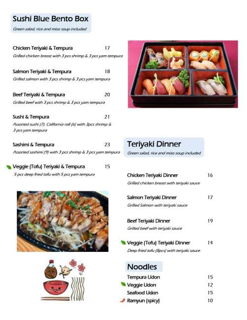Sushi Blue menu in Aurora, Ontario, Canada