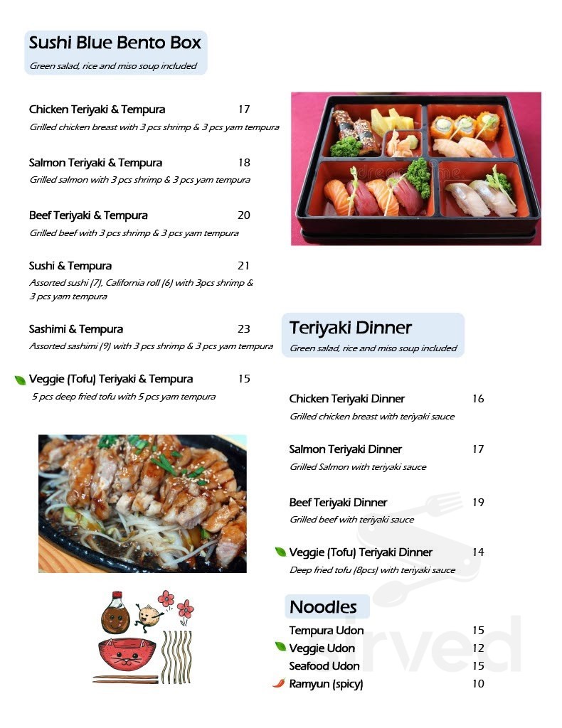 Sushi Blue menu in Aurora, Ontario, Canada
