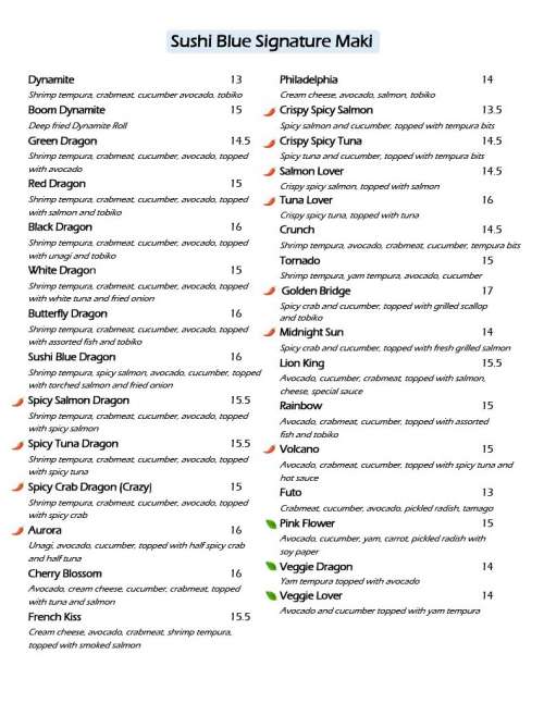 Sushi Blue menu in Aurora, Ontario, Canada
