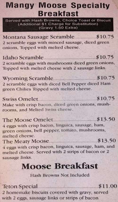 Mangy Moose Cafe menu in Manteca, California, USA
