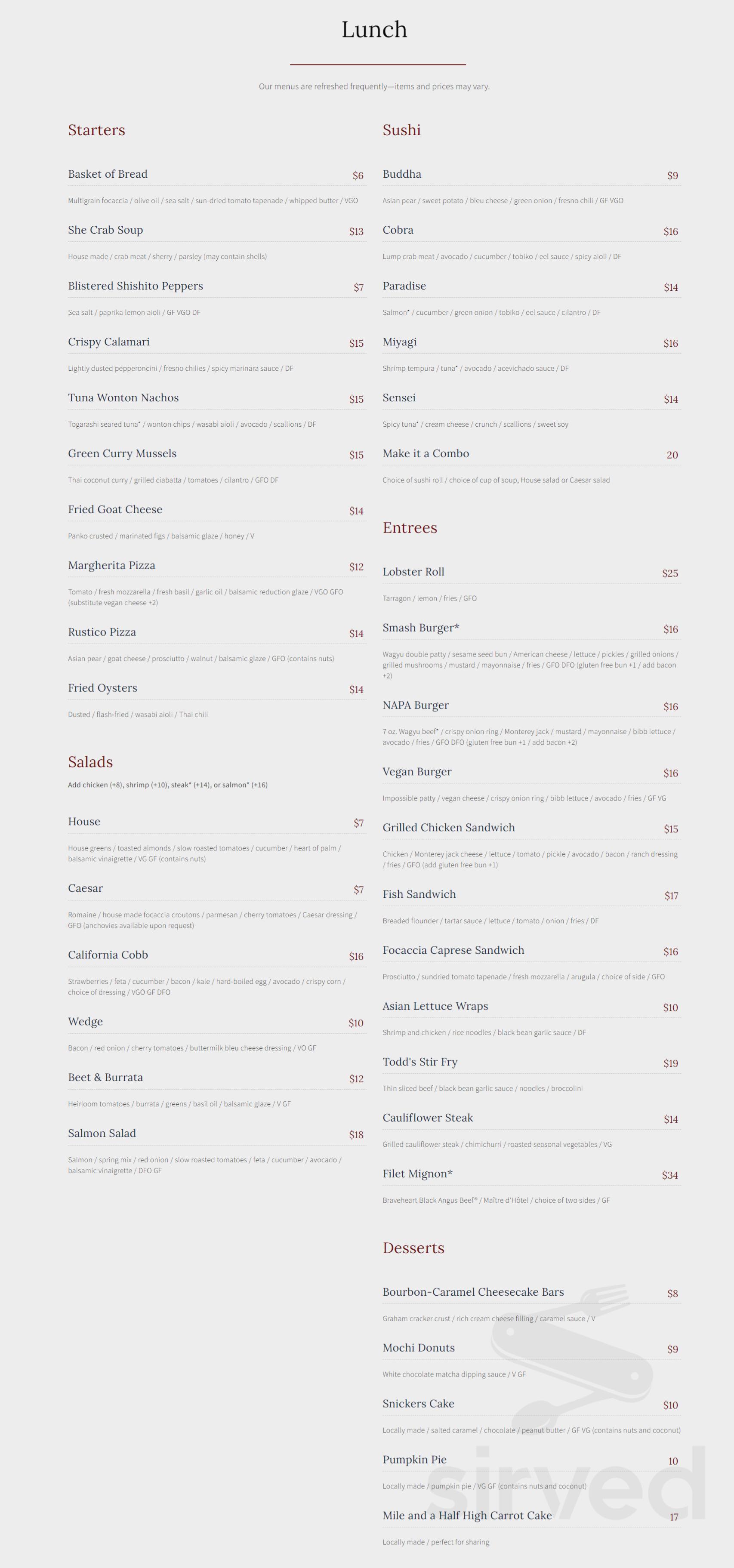 NAPA Kitchen and Wine menu in Midlothian, Virginia, USA