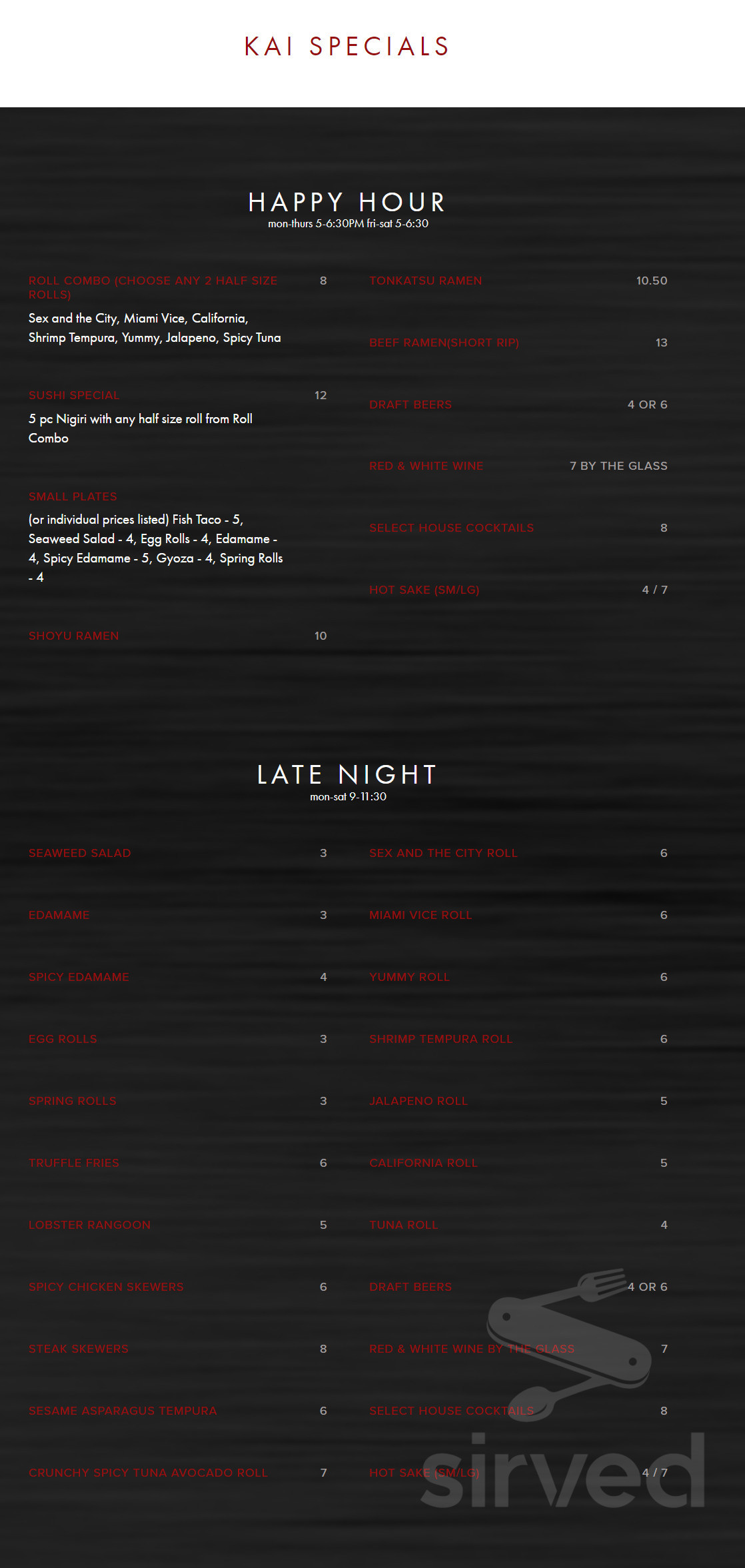 Kai after Dark menu in Springfield, Missouri, USA