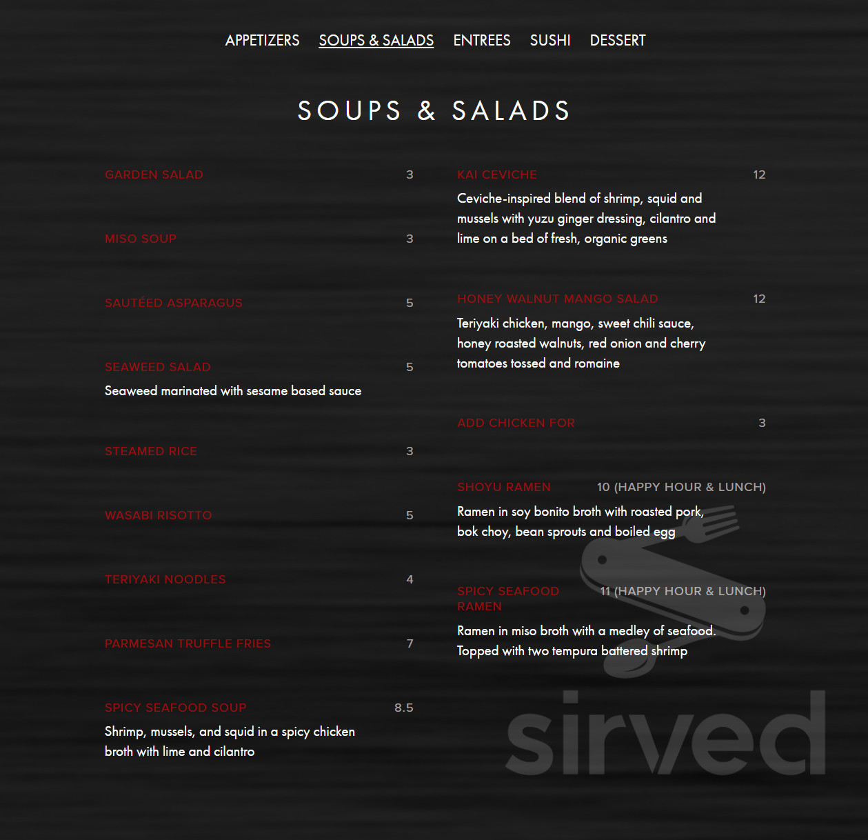 Kai after Dark menu in Springfield, Missouri, USA