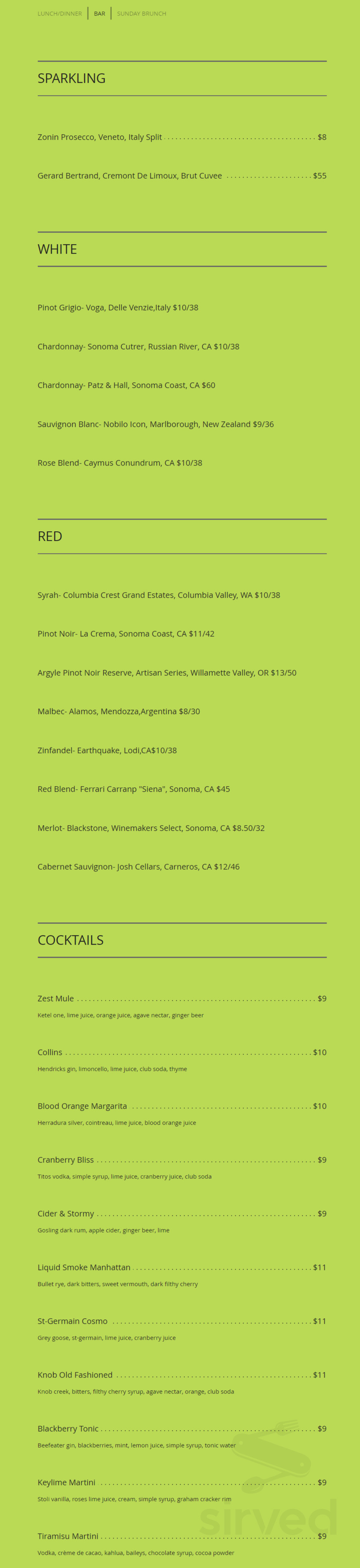 Menu for Zest Kitchen and Bar in Port St. Lucie, FL | Sirved