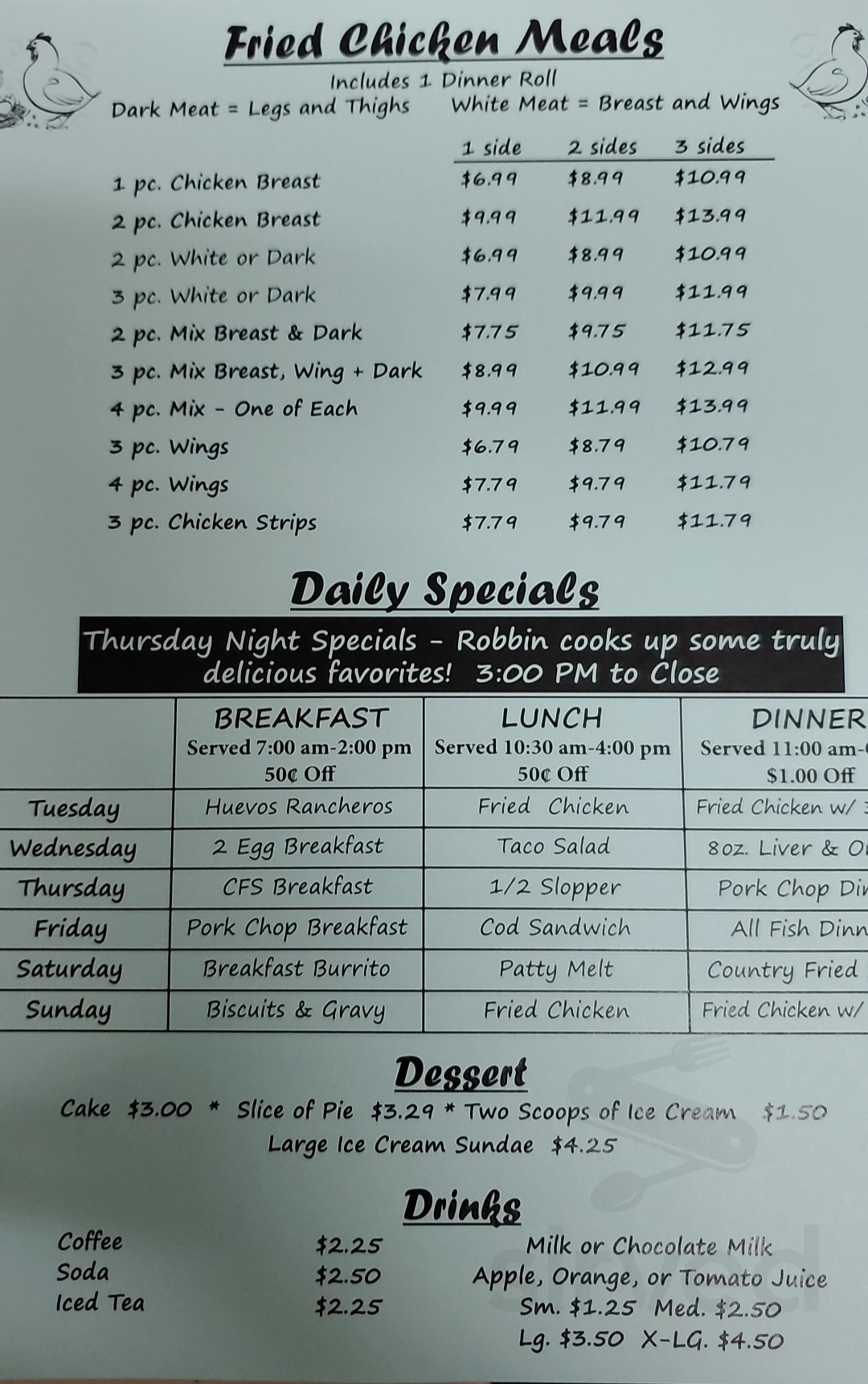 Hen house cafe menu in Pueblo West, Colorado, USA