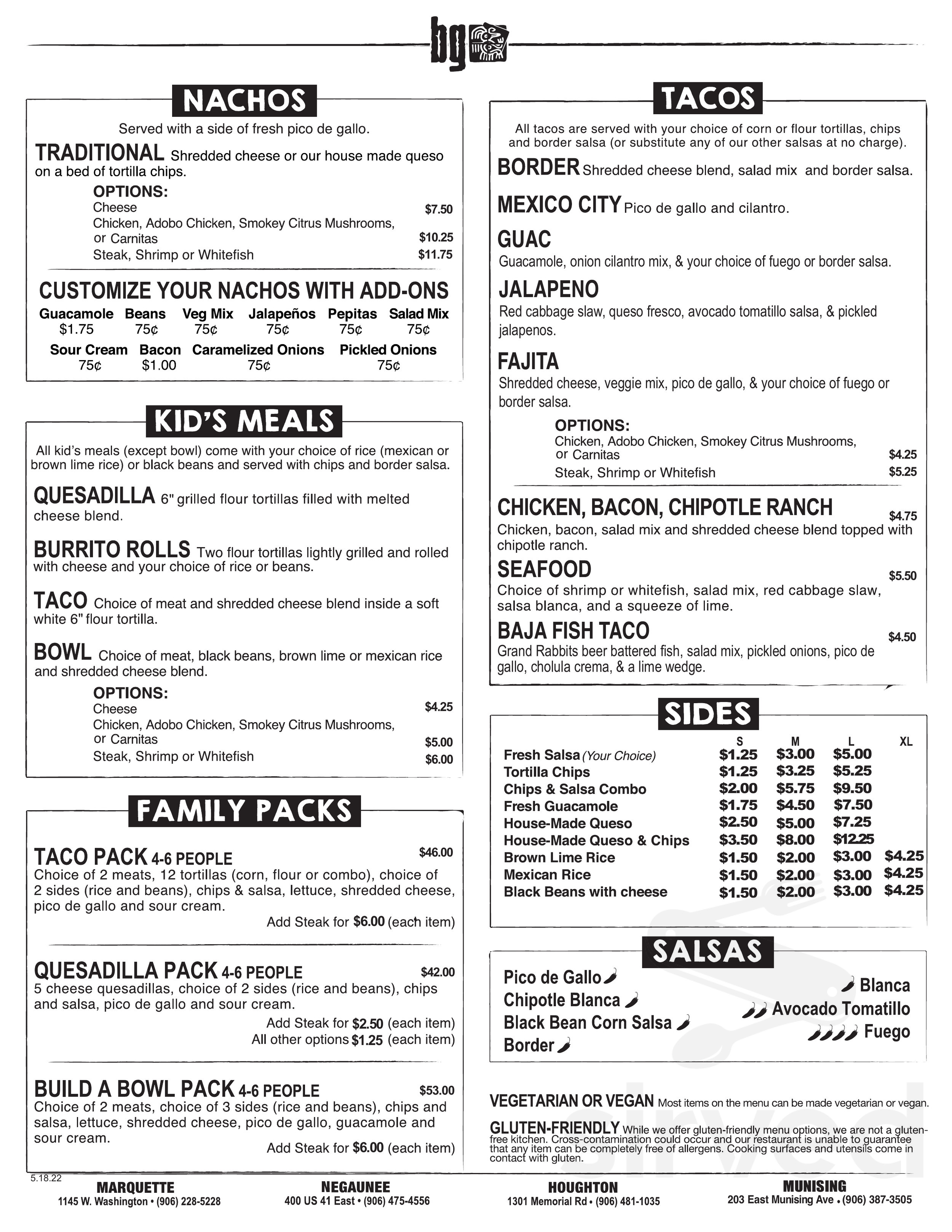 Menu - Marquette MI's Border Grill | Sirved