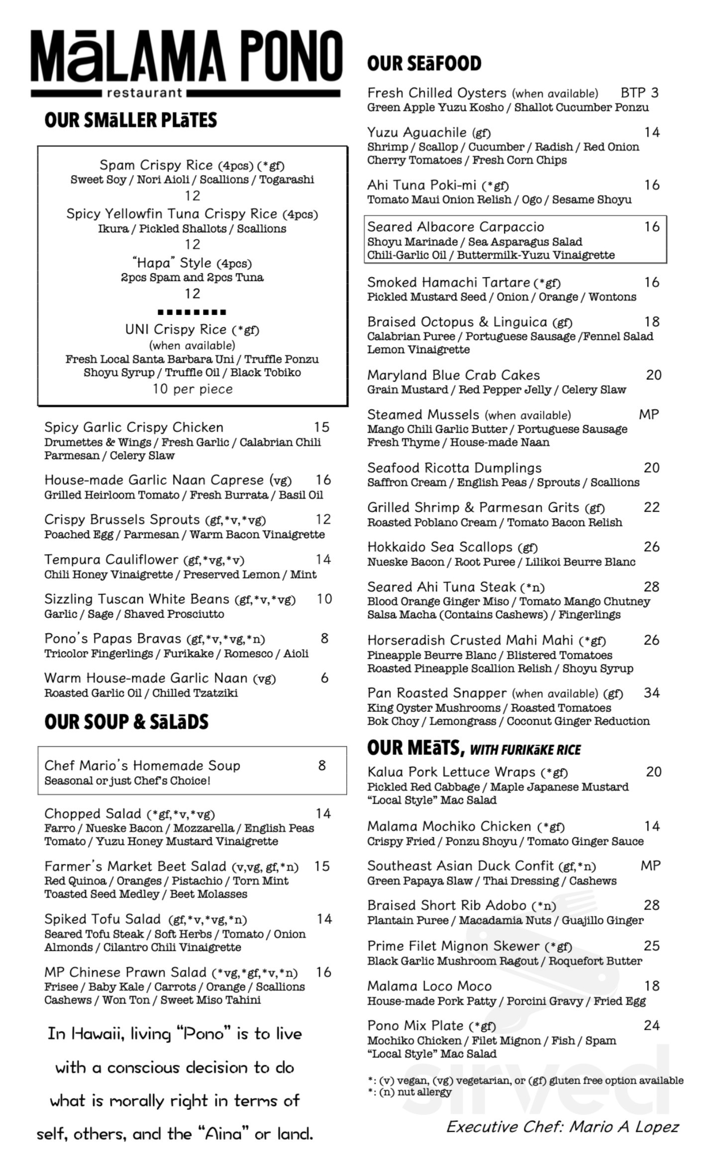 Menu for Malama Pono Restaurant in Sherman Oaks, California, United States