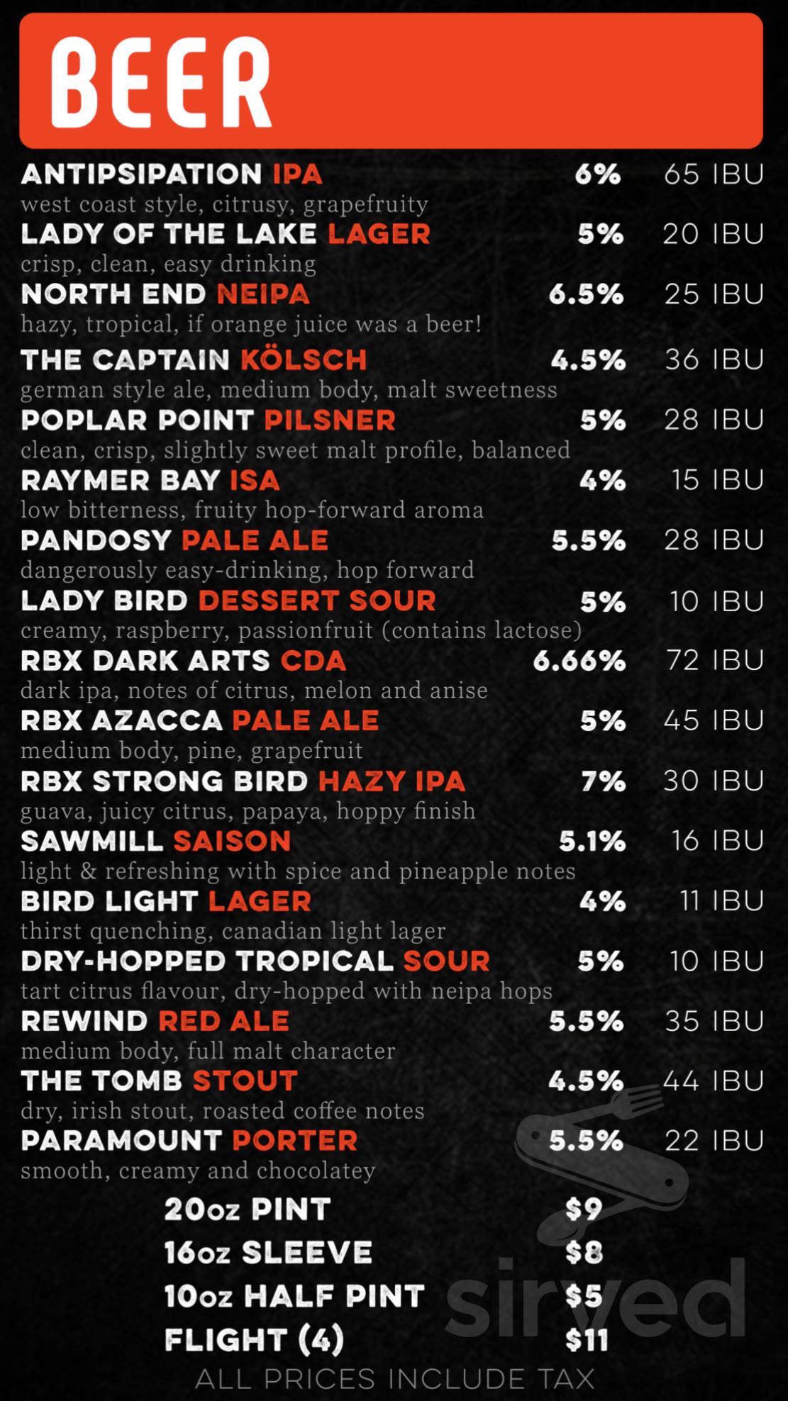 Menu for Red Bird Brewing in Kelowna, BC | Sirved