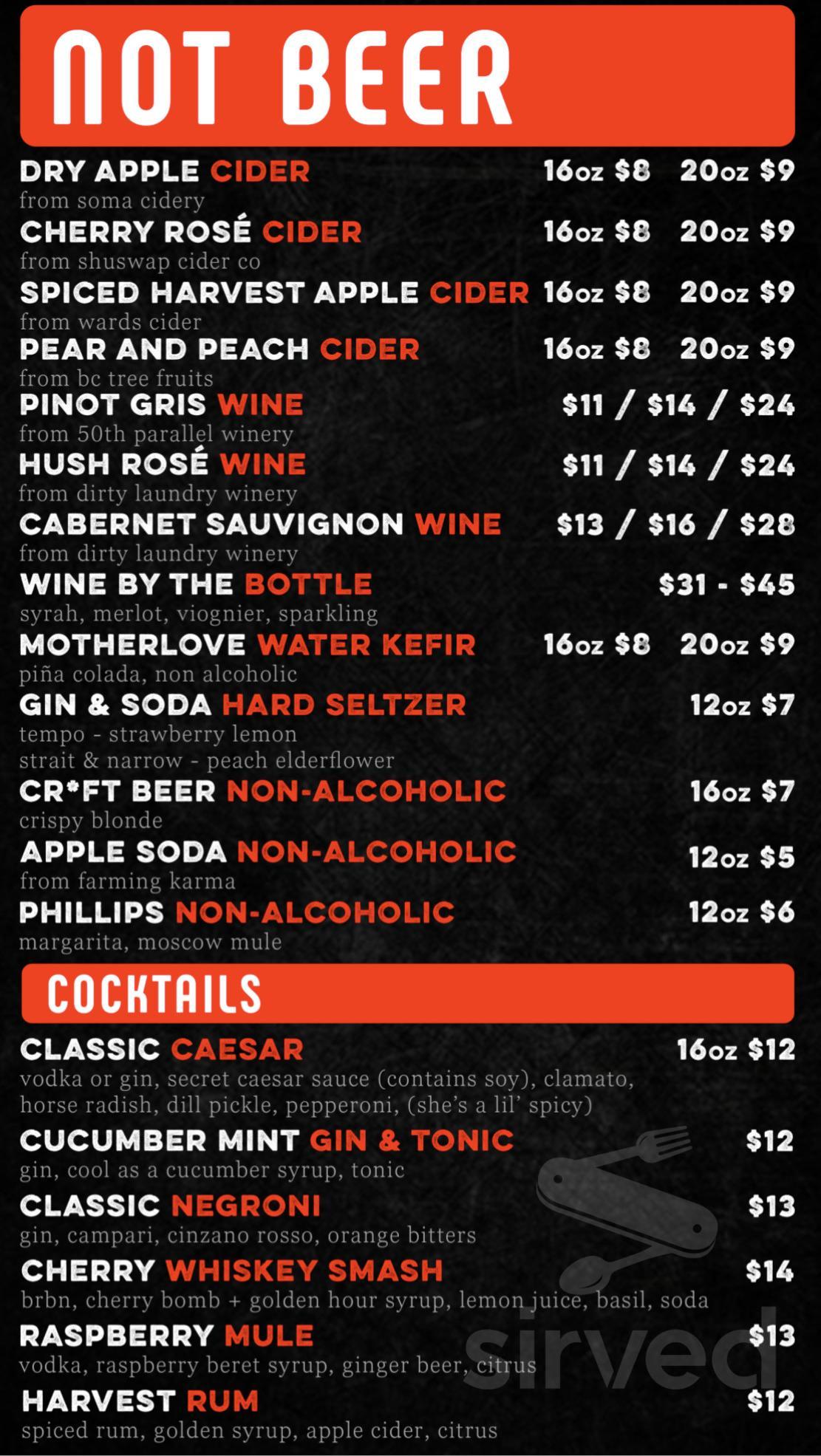 Menu for Red Bird Brewing in Kelowna, BC | Sirved