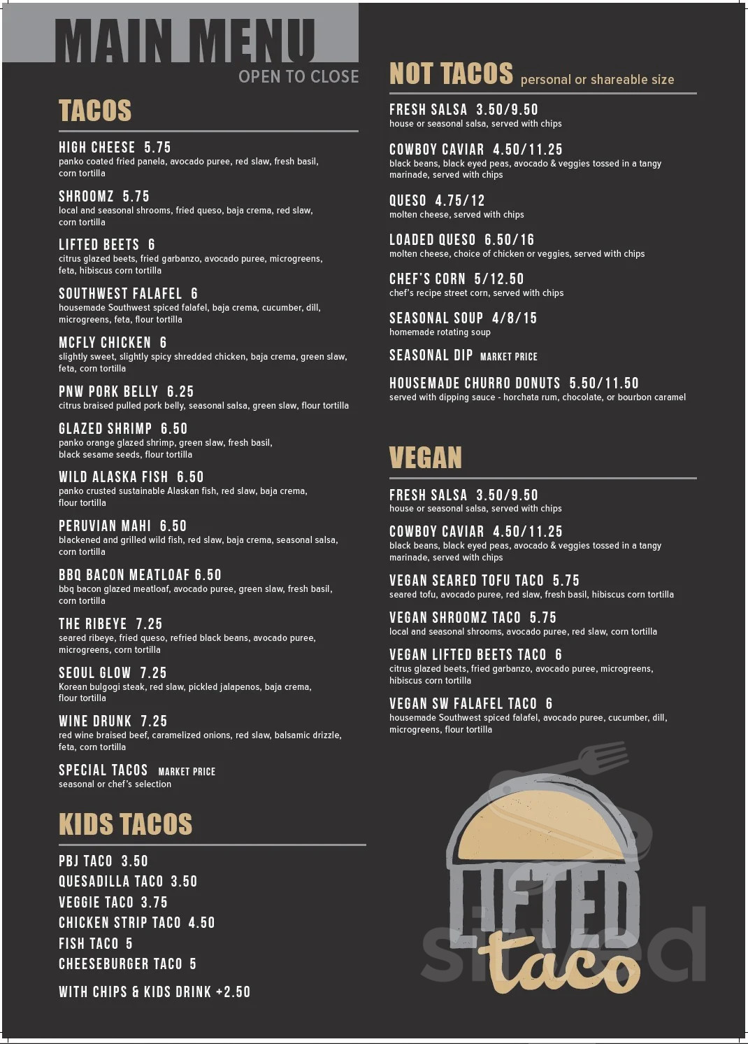 Lifted Taco menu in Woodinville, Washington, USA