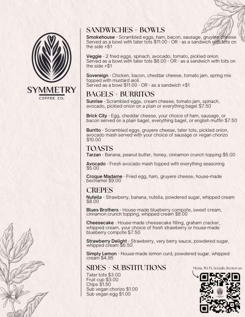 Symmetry Coffee Company menu in Ocala, Florida, USA