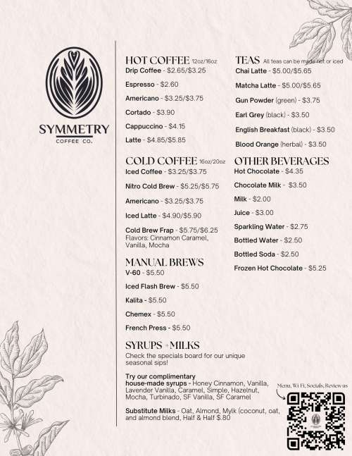 Symmetry Coffee Company menu in Ocala, Florida, USA