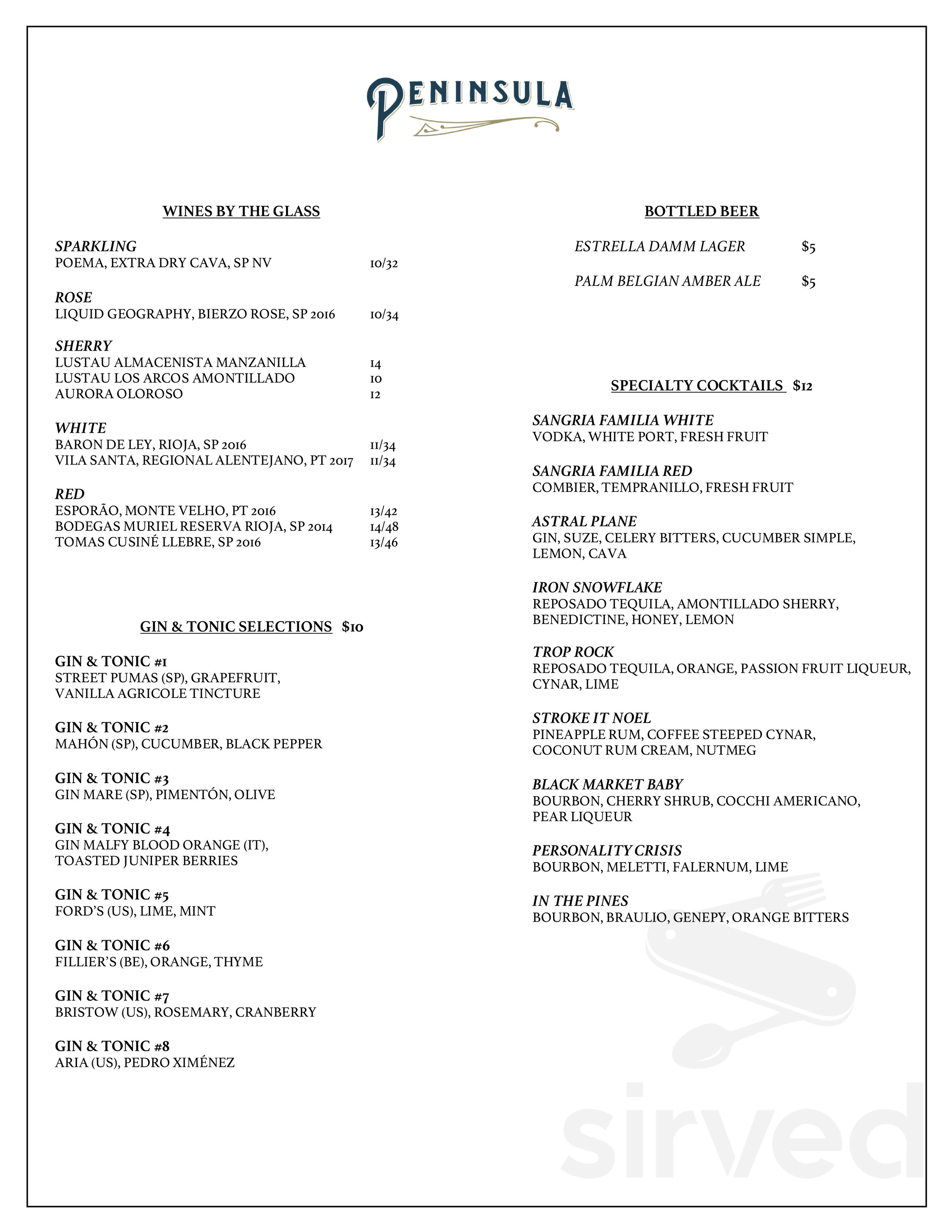 Peninsula menu in Nashville, Tennessee, USA