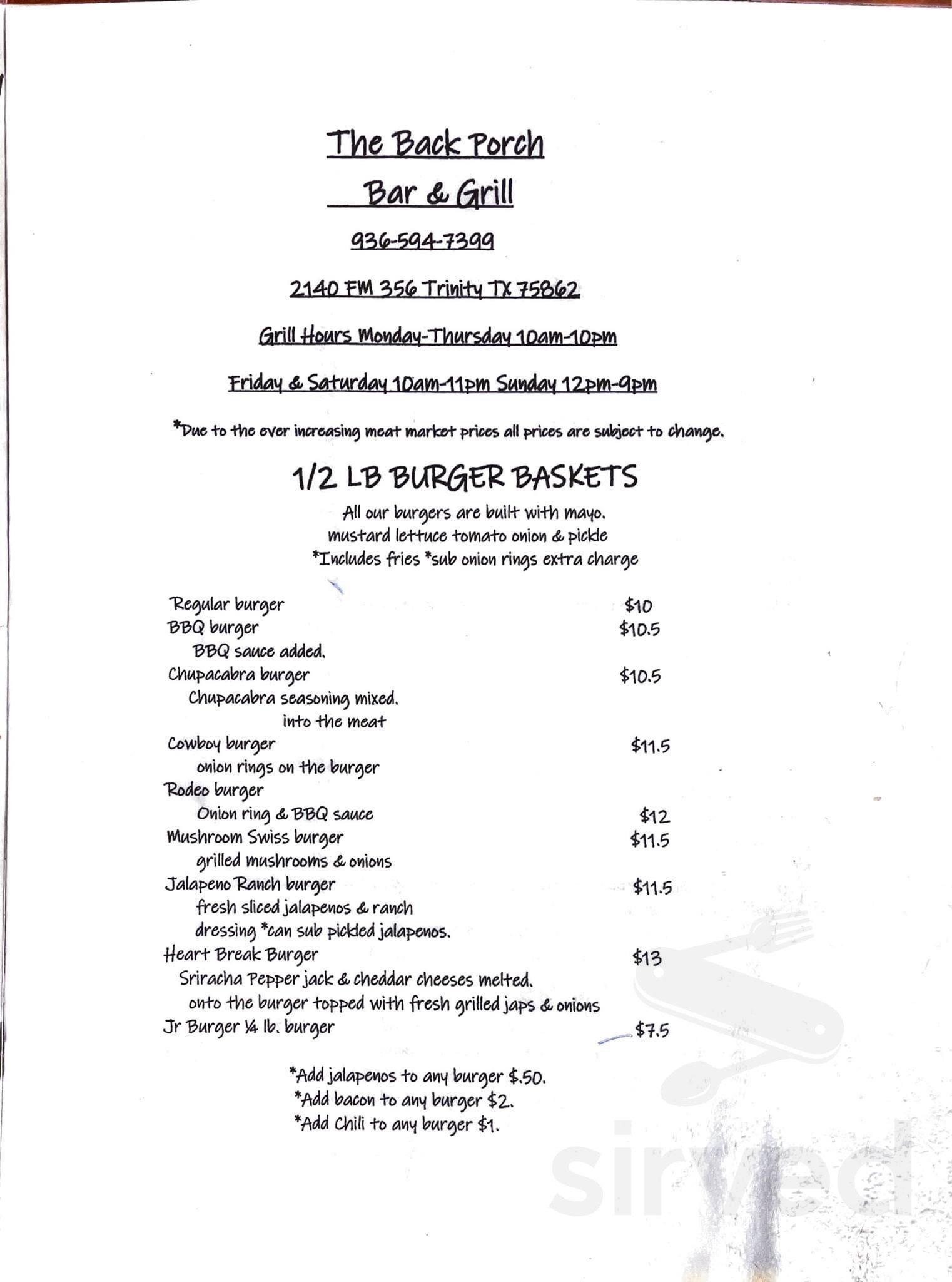 The Back Porch Bar & Grill menu in Trinity, Texas, USA