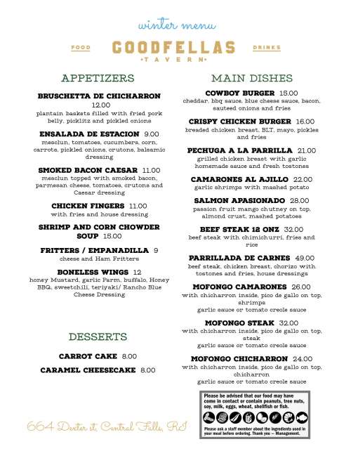 Good Fellas tavern menu in Central Falls, Rhode Island, USA