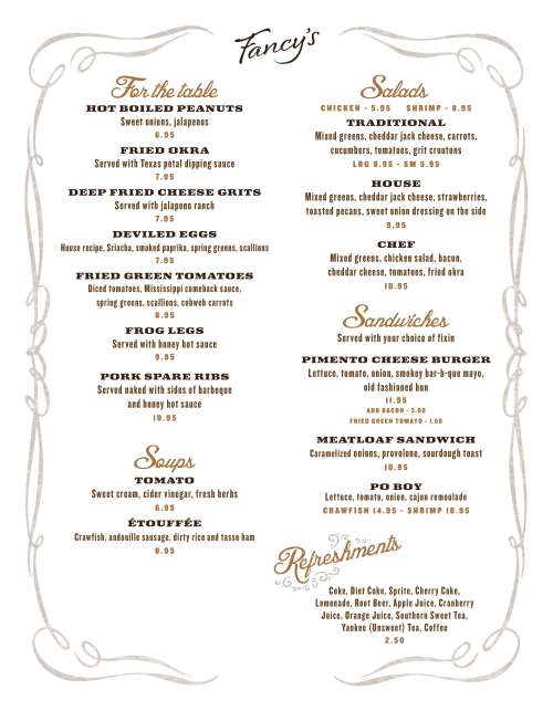 Fancy's Southern Cafe menu in Fort Myers, Florida, USA