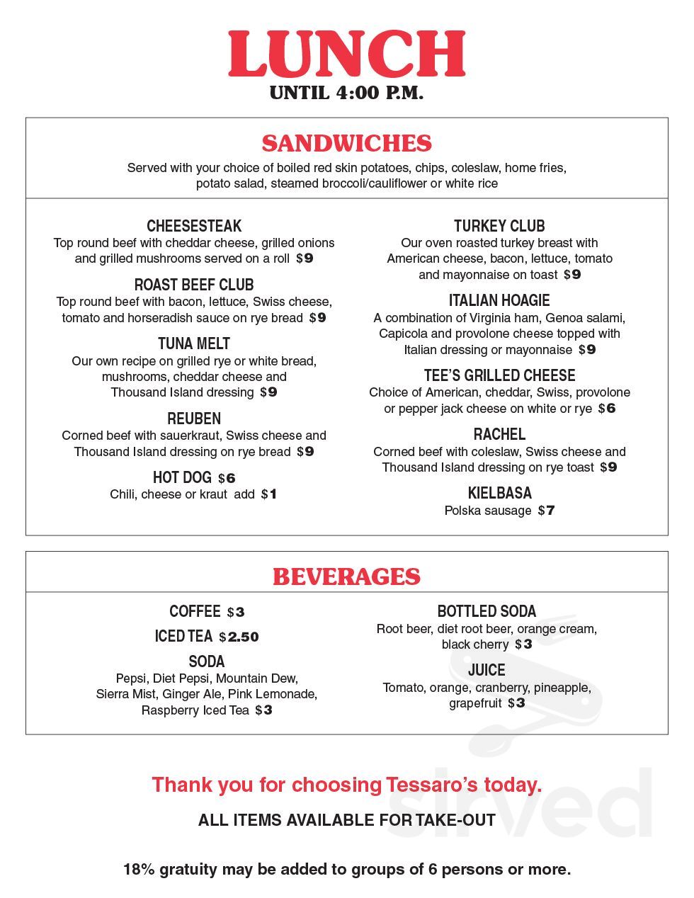 Tessaro's American Bar & Hardwood Grill menu in Pittsburgh ...