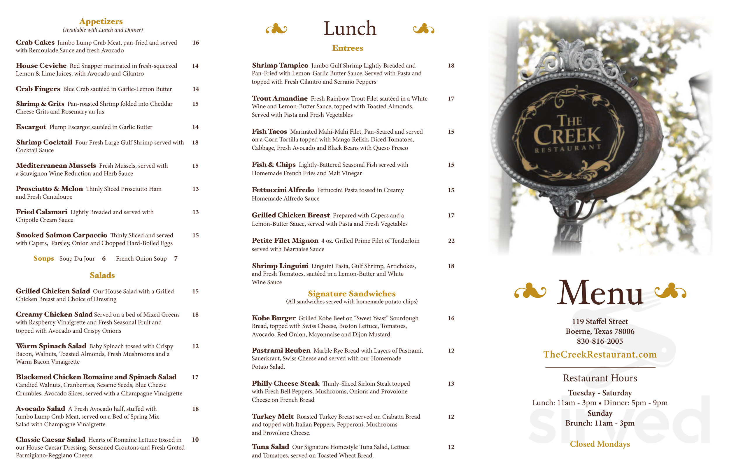 Menu for The Creek Restaurant in Boerne, TX | Sirved