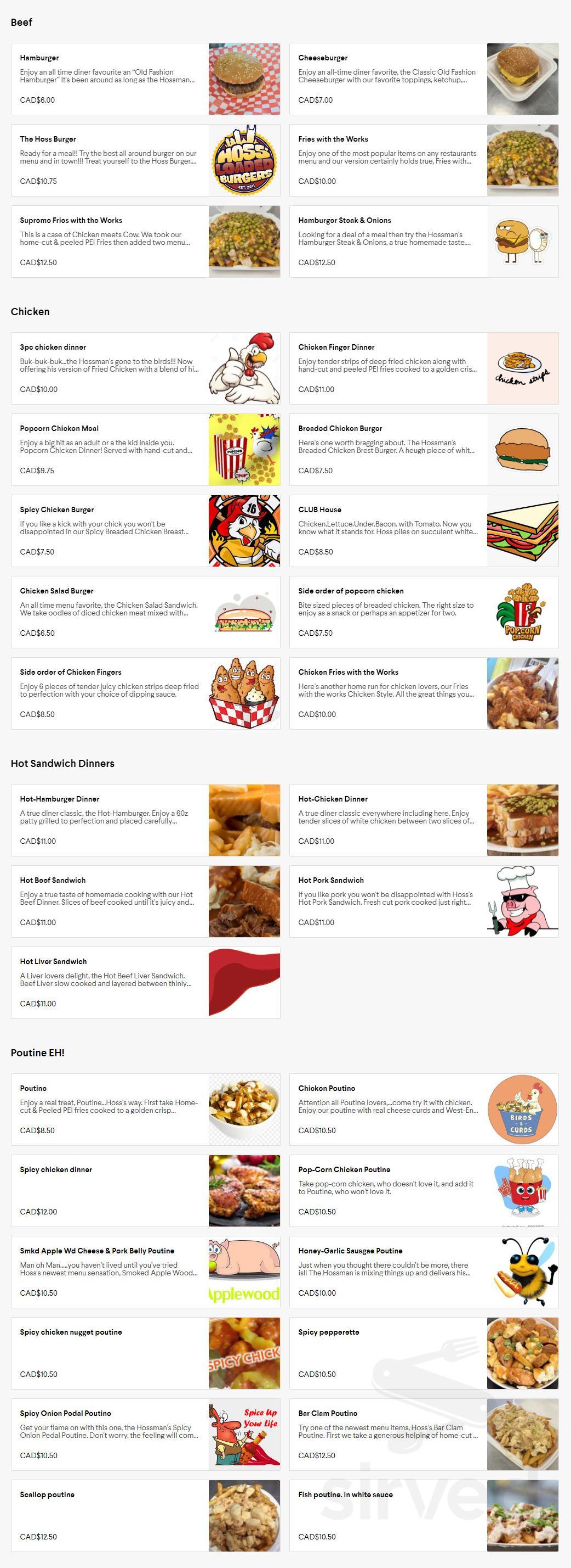 Hoss's Fish 'n' Chips menu in Summerside, Prince Edward Island, Canada