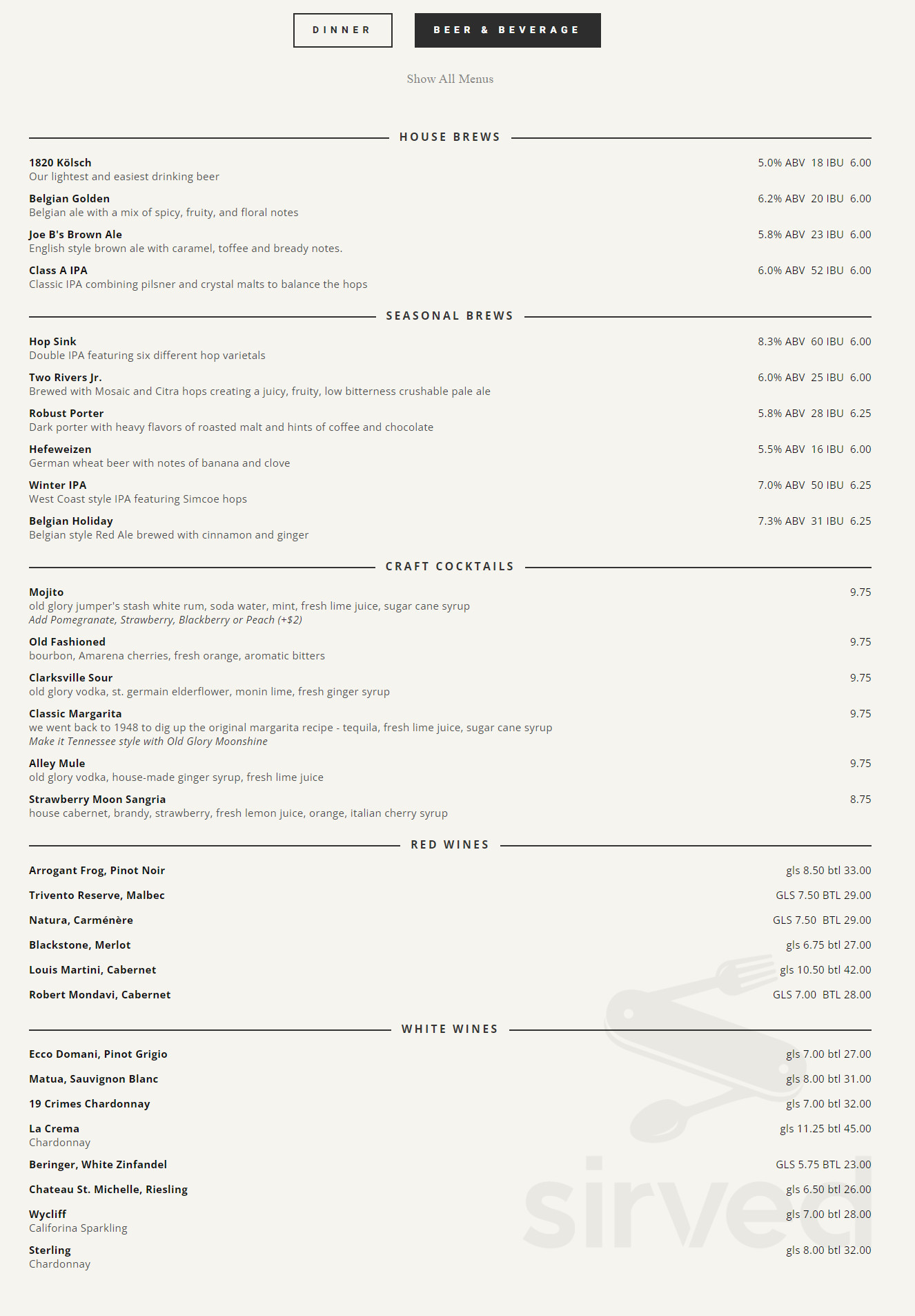 Strawberry Alley Ale Works menu in Clarksville, Tennessee, USA