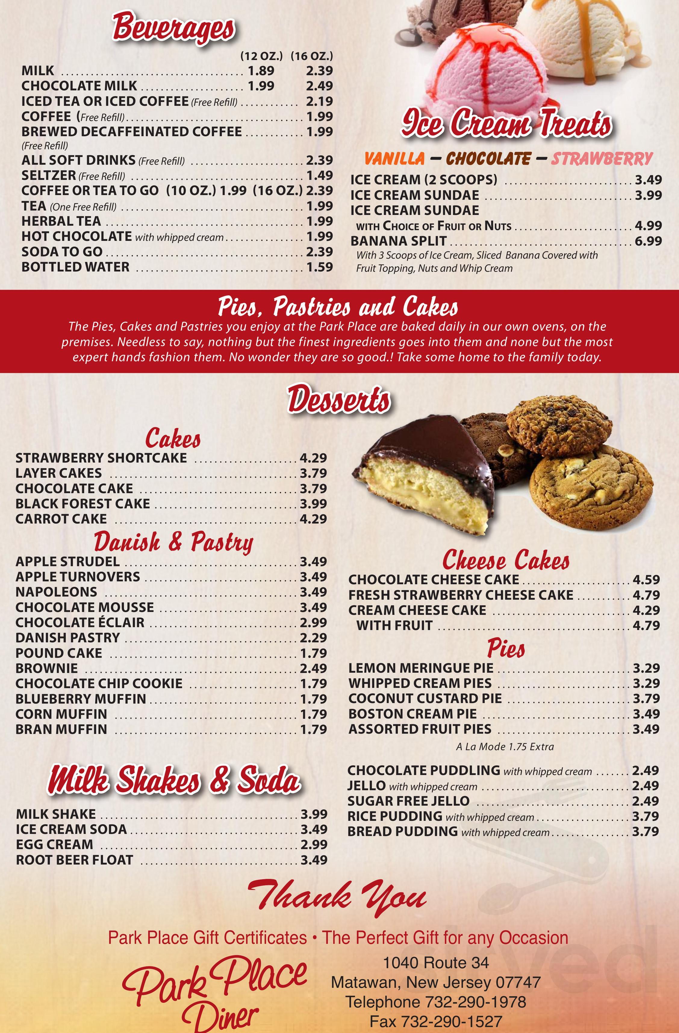 Park Place Diner menus in Matawan, New Jersey, United States