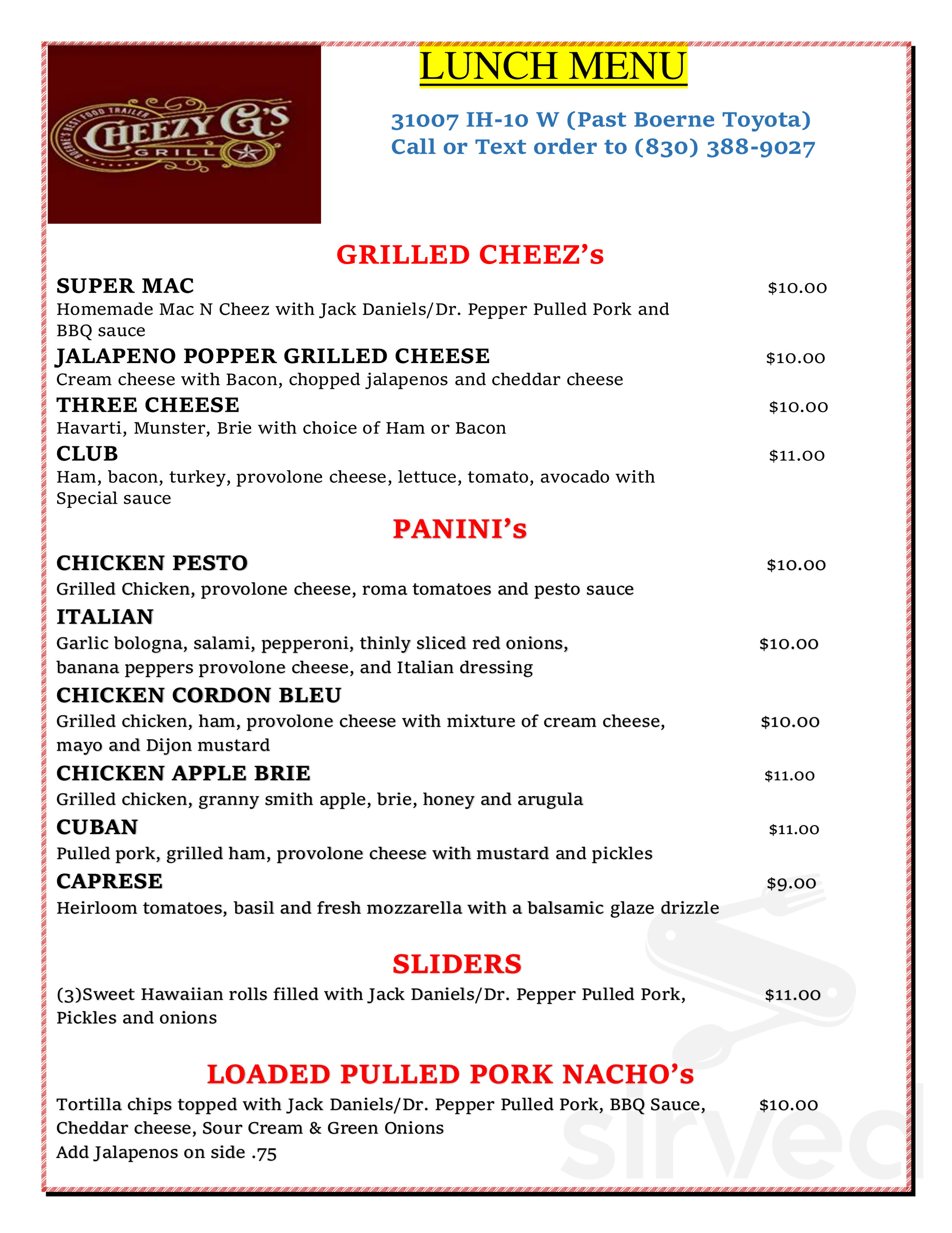 Cheezy G's Grill menu in Boerne, Texas, USA