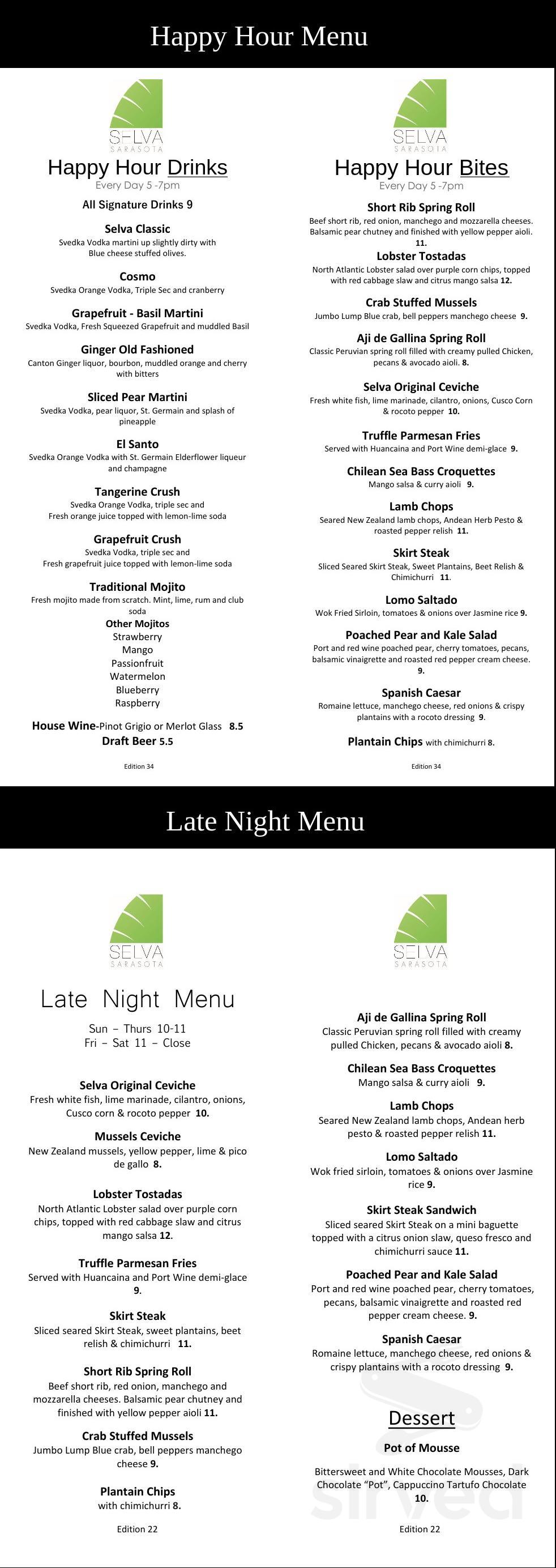 Selva Downtown Sarasota menu in Sarasota, Florida, USA