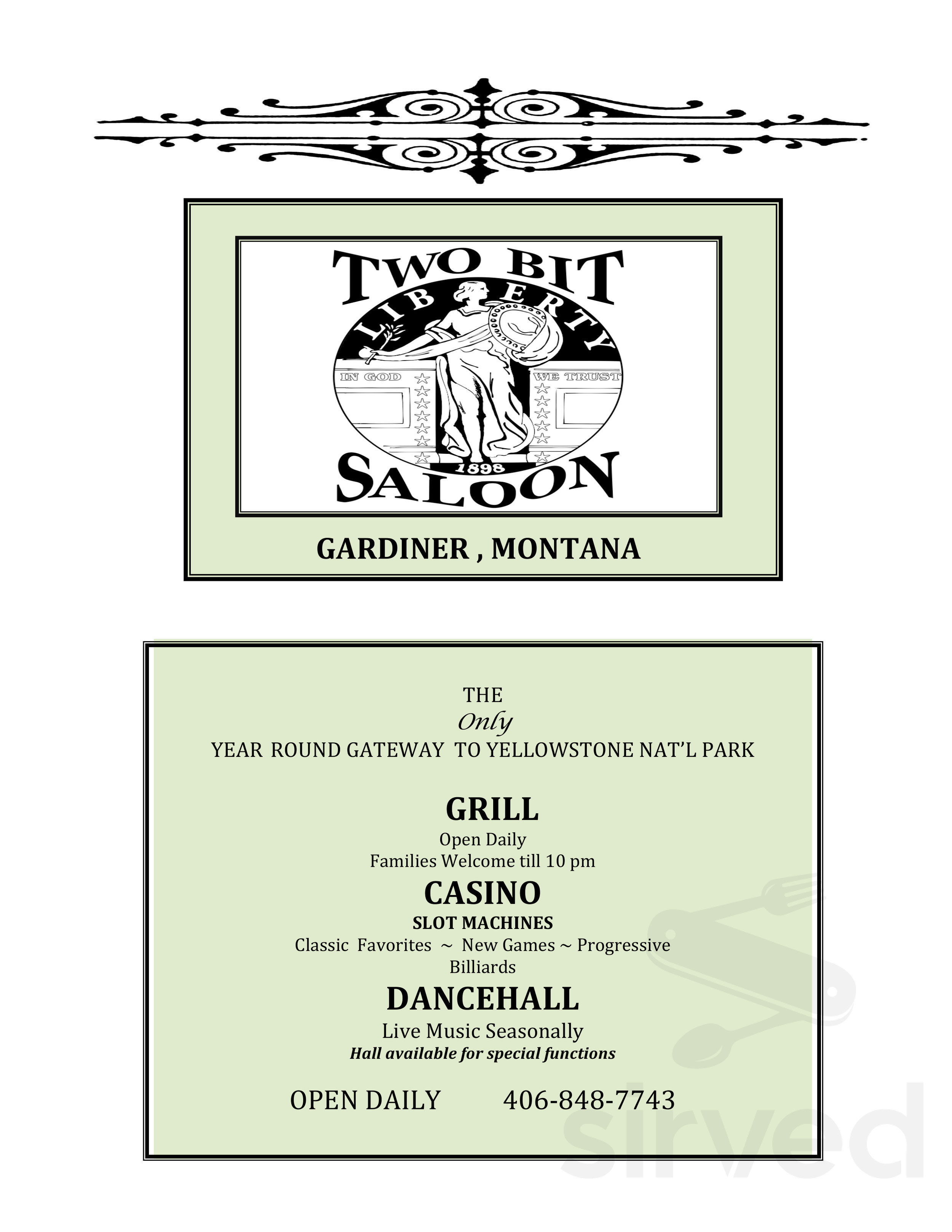 Two Bit Saloon menus in Gardiner, Montana, United States