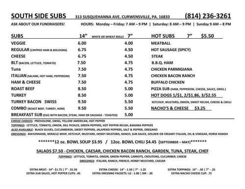 South Side Subs & Groceries menu in Curwensville, Pennsylvania, USA