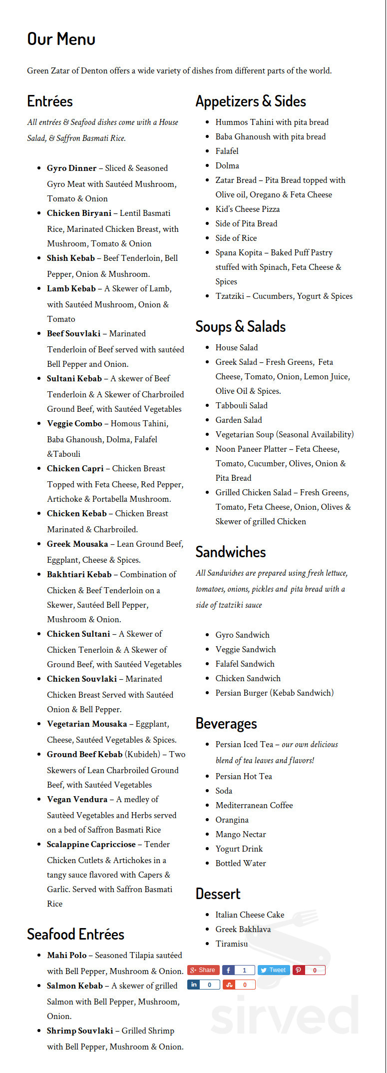 GREEN ZATAR menu in Denton, Texas, USA