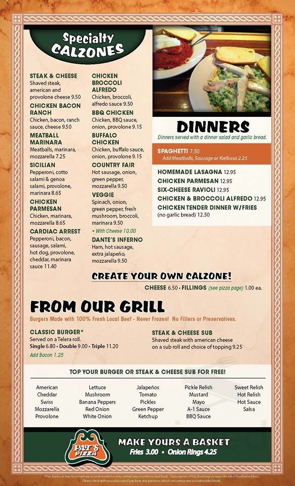 Pats Pizza Menu In Bar Harbor Maine Usa