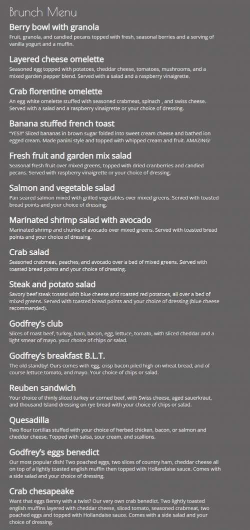 Godfrey's menu in Richmond, Virginia, USA