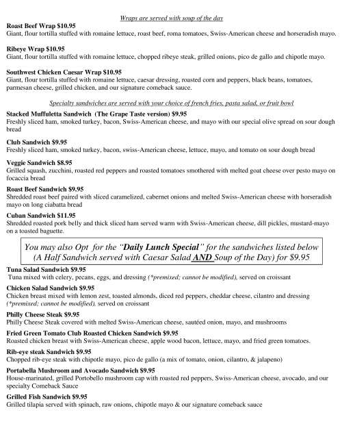 The Grape Taste Restaurant menu in Lake Jackson, Texas, USA