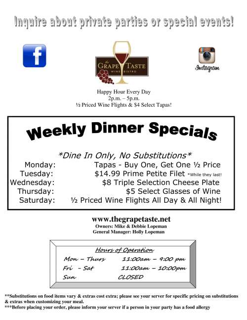 The Grape Taste Restaurant menu in Lake Jackson, Texas, USA