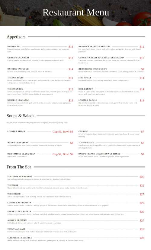 Brandy's on Main menu in Hendersonville, North Carolina, USA